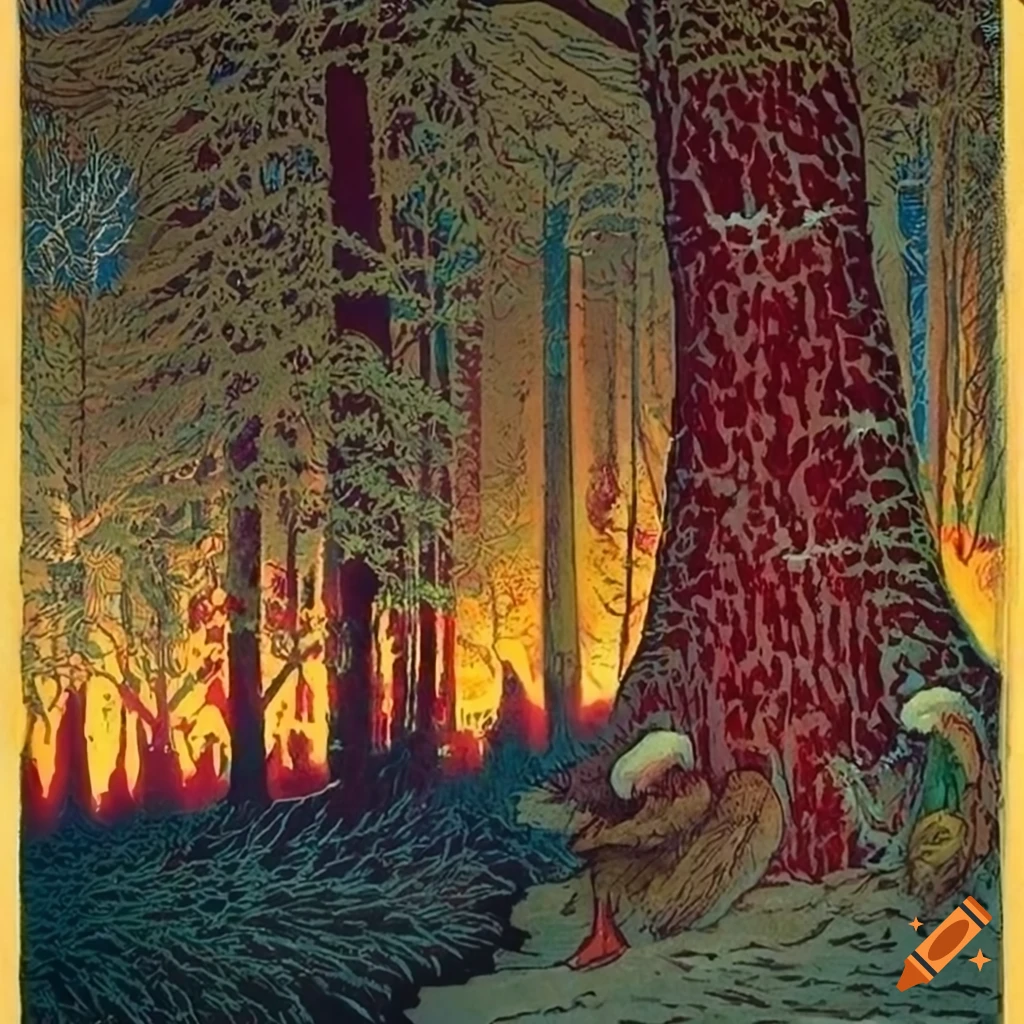 Illustration of a cloisonné forest scene with Native Salish and Russian ...