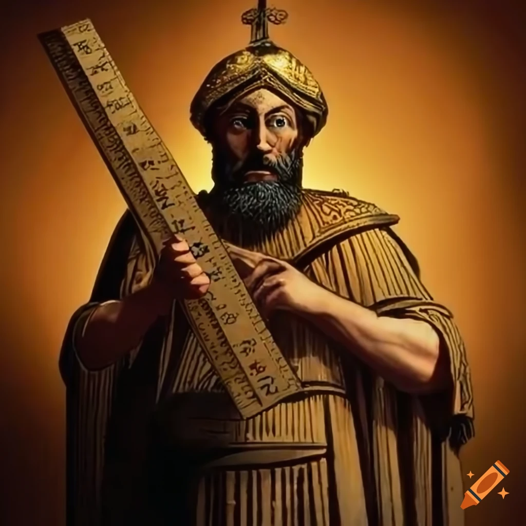 Depiction of ancient greek philosopher measuring a cube on Craiyon