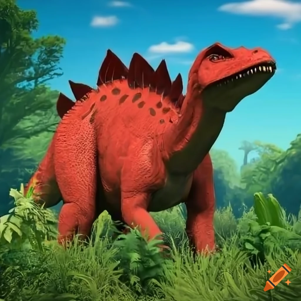 Image of a towering red stegosaurus in lush vegetation on Craiyon