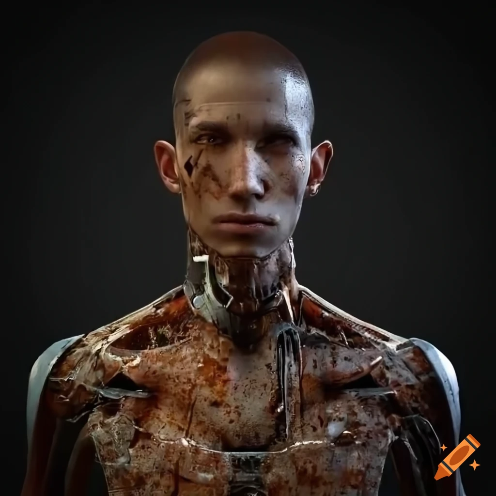 Portrait of a rusty male cyborg with damaged appendages on Craiyon
