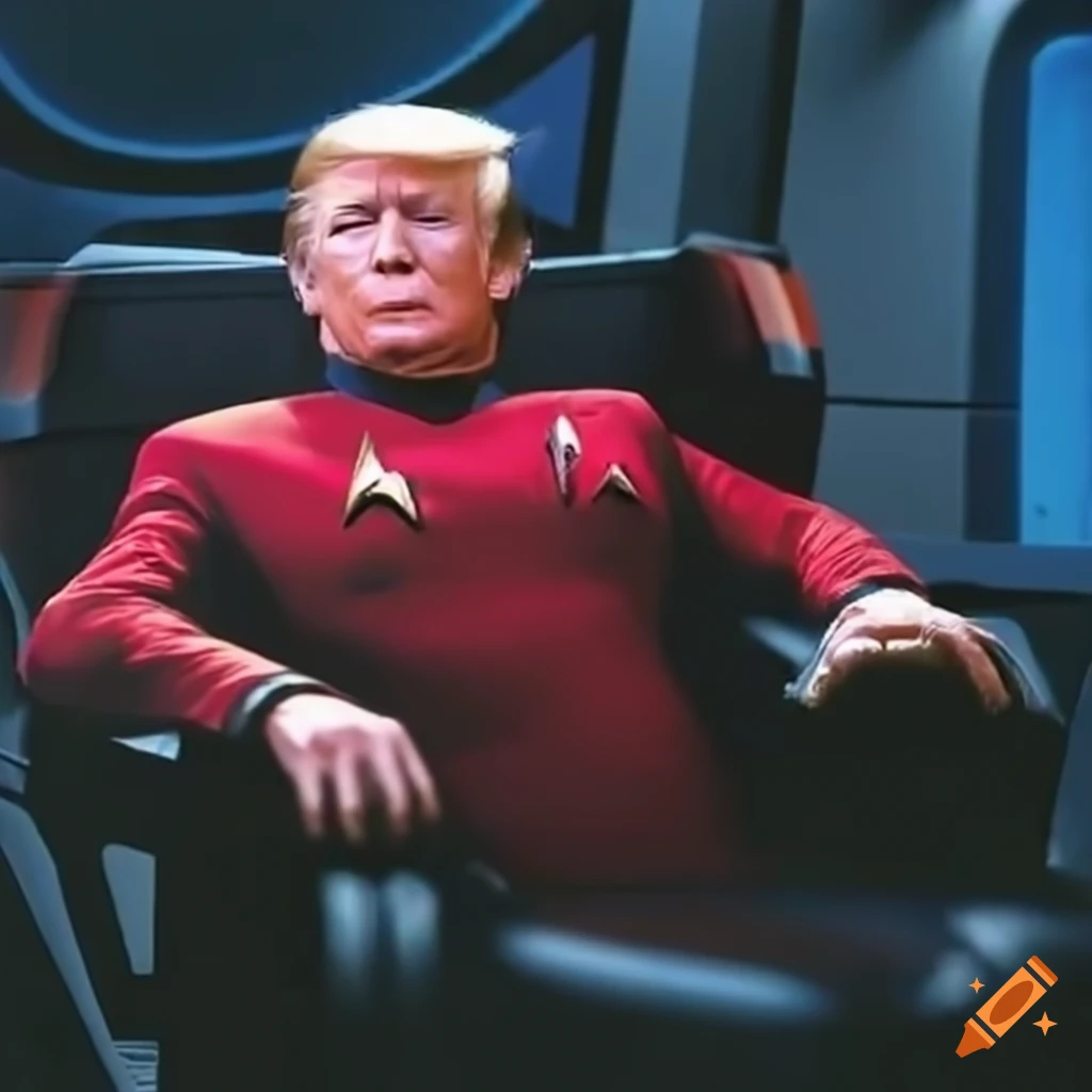 Donald Trump sitting in Captain Kirk's chair on the Enterprise on Craiyon