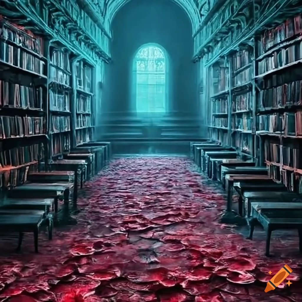 Mysterious library covered in red vines