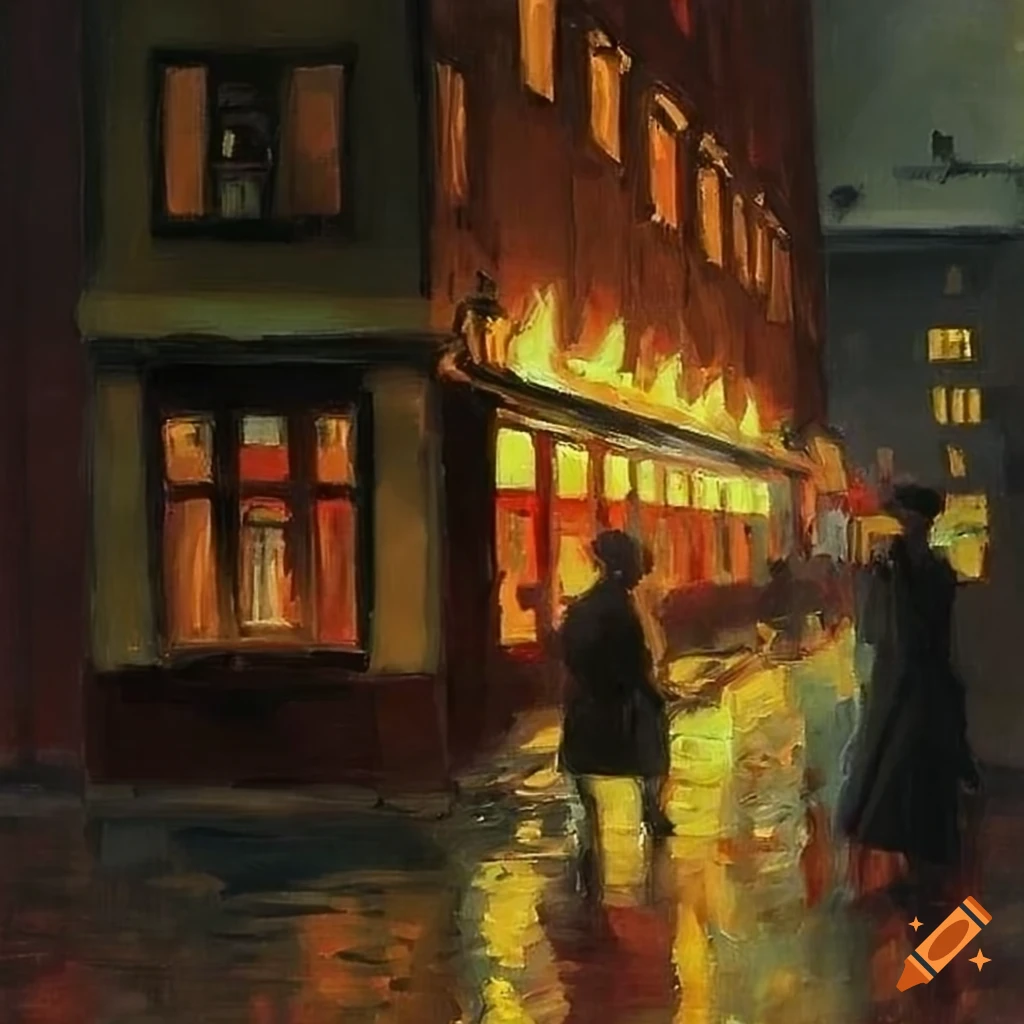 Painting of a rainy night outside a pub in oslo, norway on Craiyon