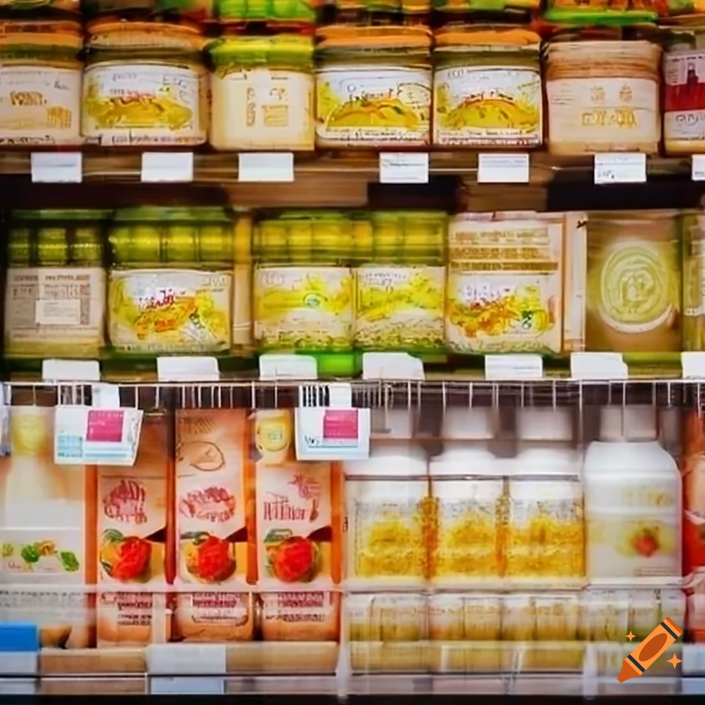 RFID labels on tagged food products in a store on Craiyon