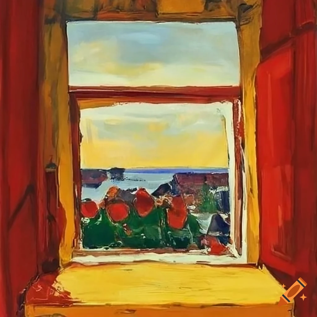 Window view with colorful flowers and rooftops in a norwegian town on ...