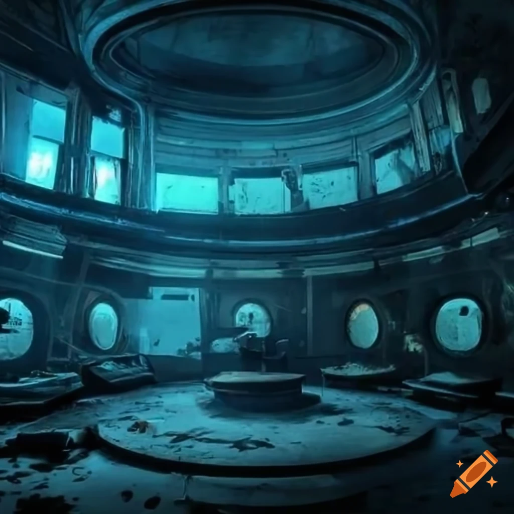 Abandoned futuristic laboratory with tables, chairs, and chemical ...