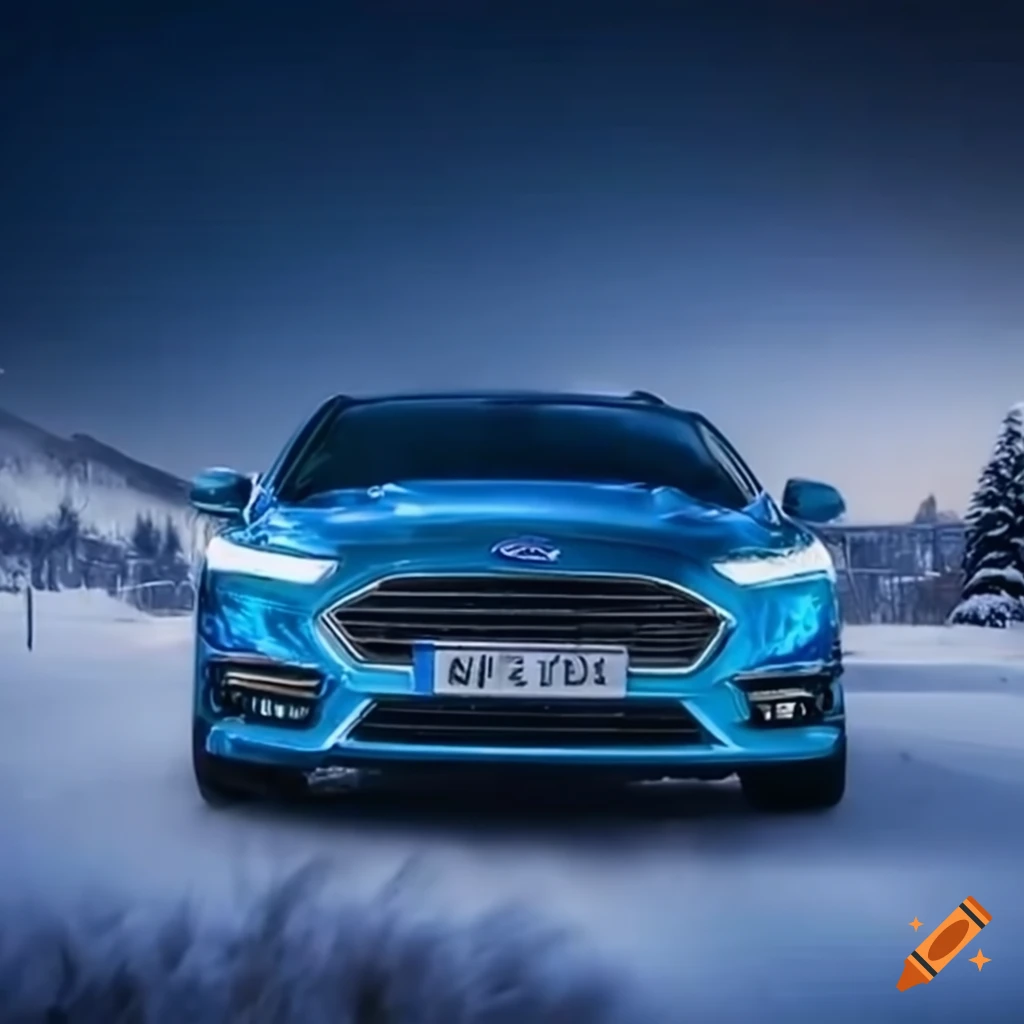 Blue ford mondeo wagon driving in a snowy town on Craiyon