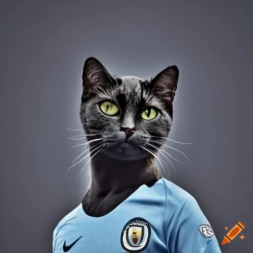 Black cat wearing manchester city shirt