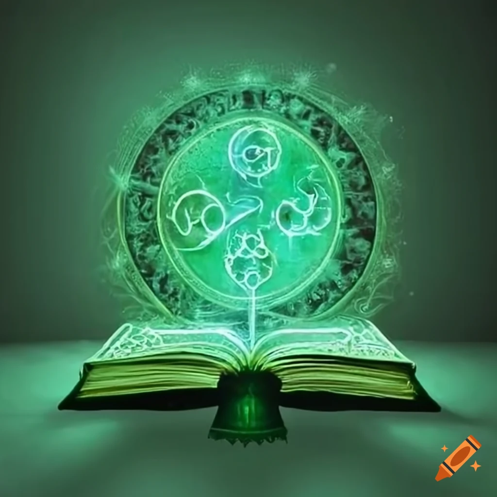 Image of a glowing green book with ancient symbols