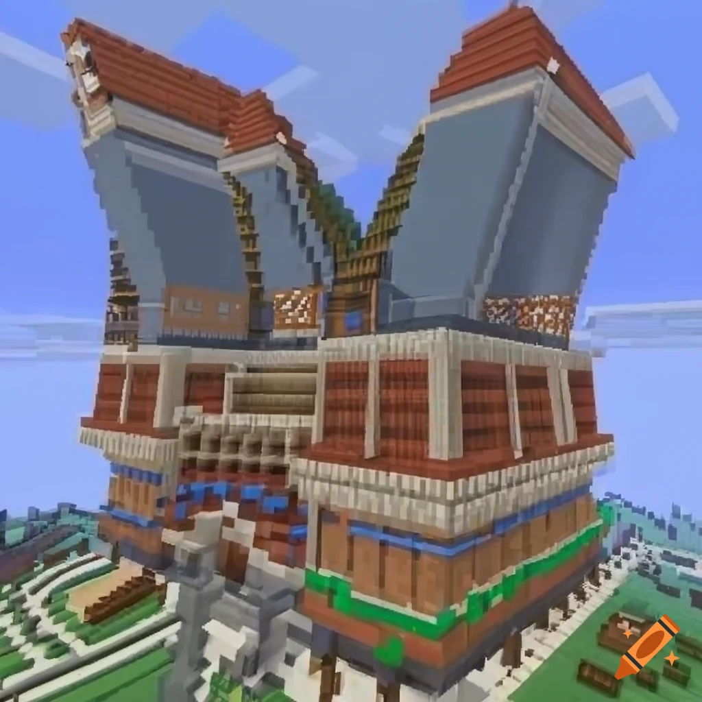 Minecraft trading hall reminiscent of World Trade Center on Craiyon
