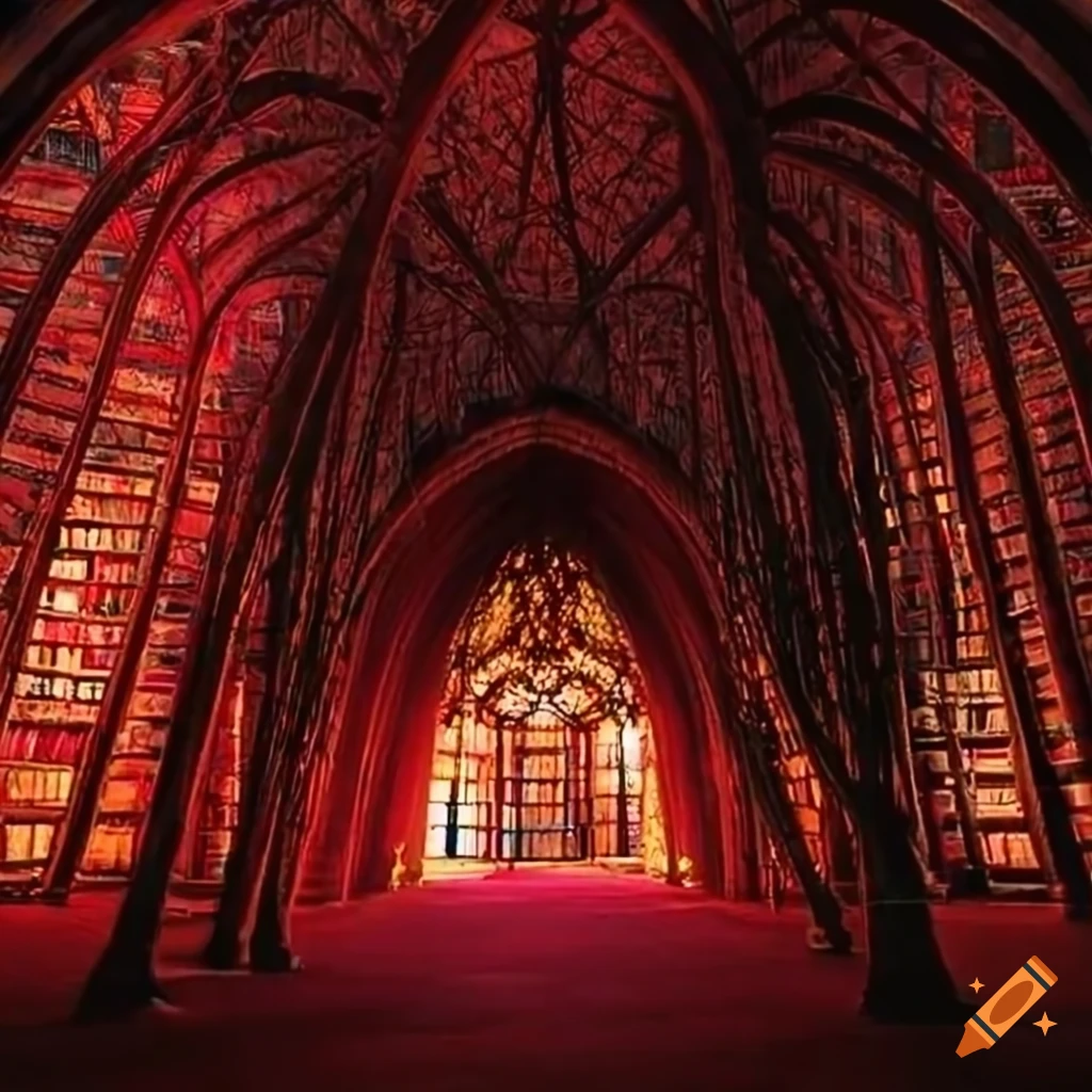 Glowing library dome surrounded by red weeping willows