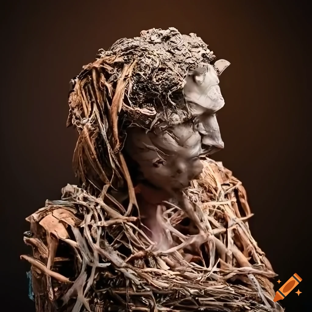 Sculpture of a distorted figure caught in a web of branches and junk