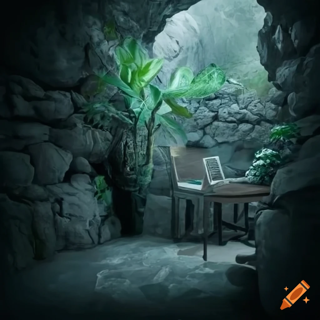 Work office in a stone cave with plants
