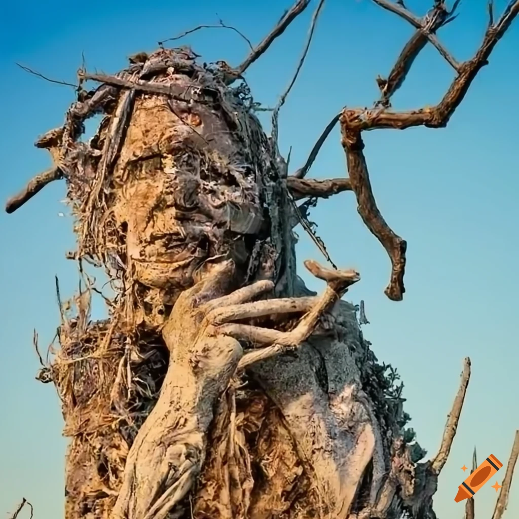 Close-up of a distorted figure caught in a web-like sculpture made of ...