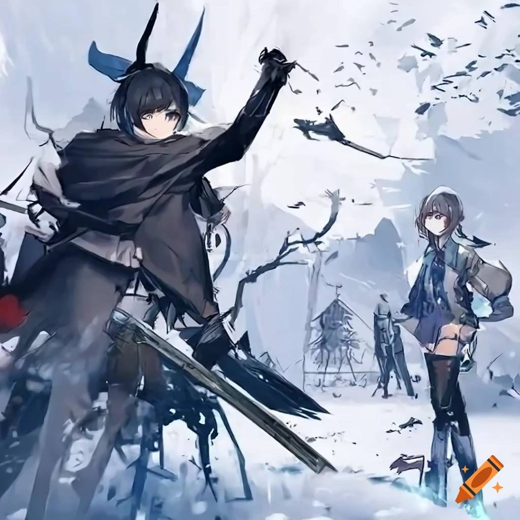 Heroes of arknights fighting in the snow on Craiyon