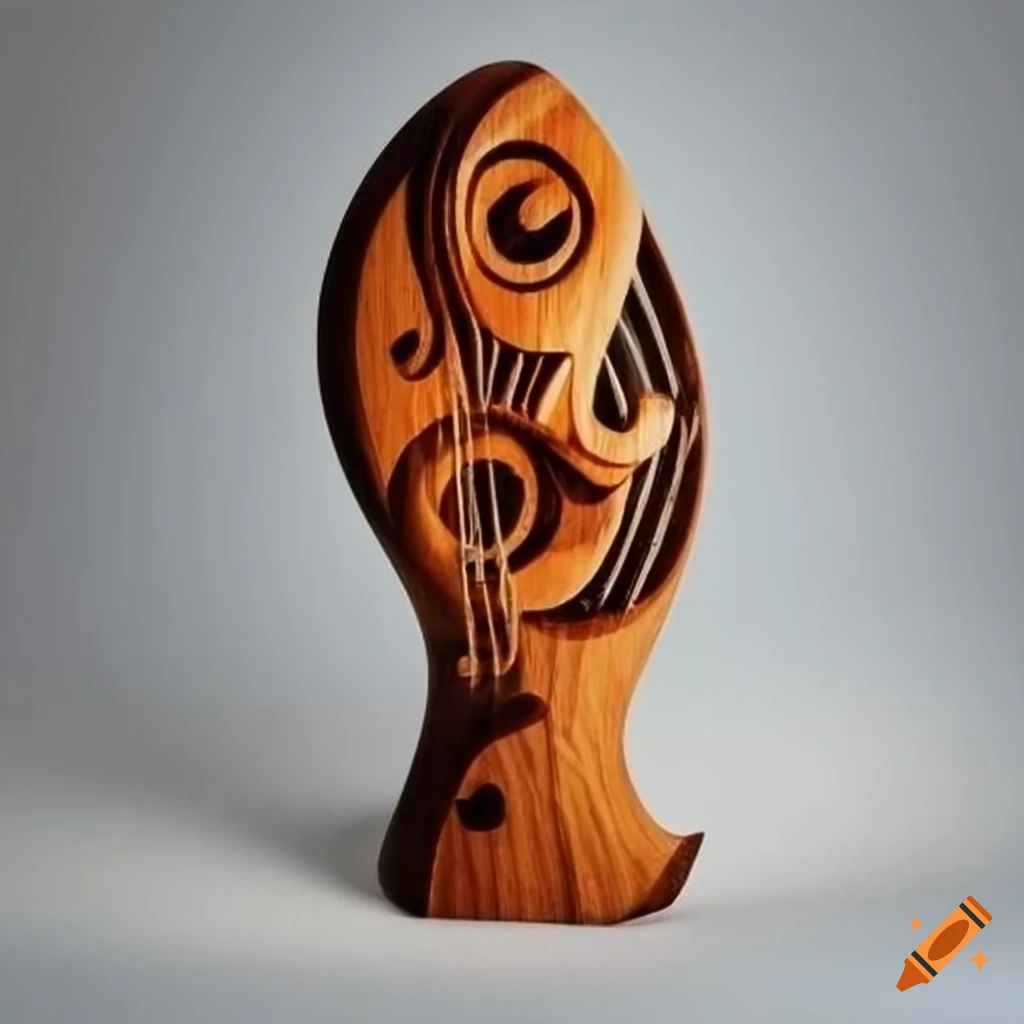 Wooden musical carving on a flat wooden elipse