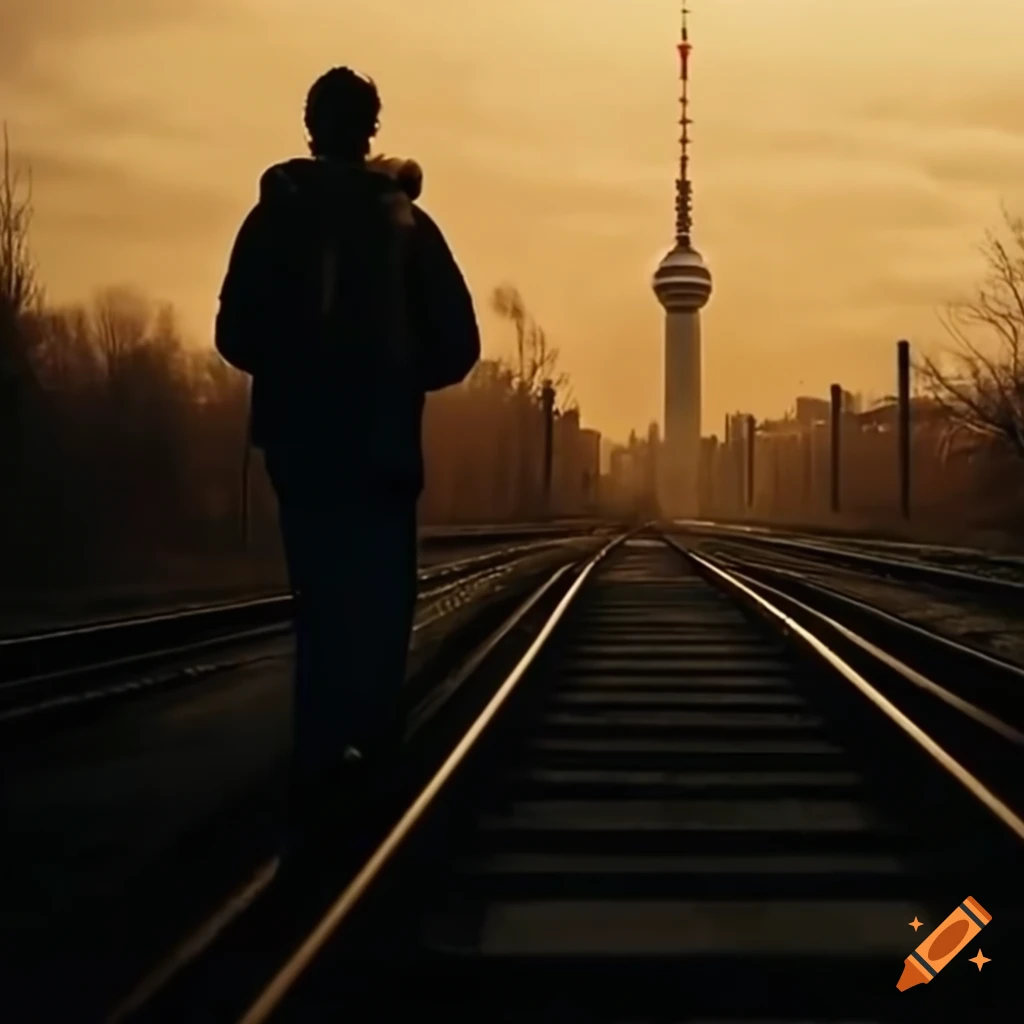 Hikers walking on train rails with berlin tv tower on Craiyon