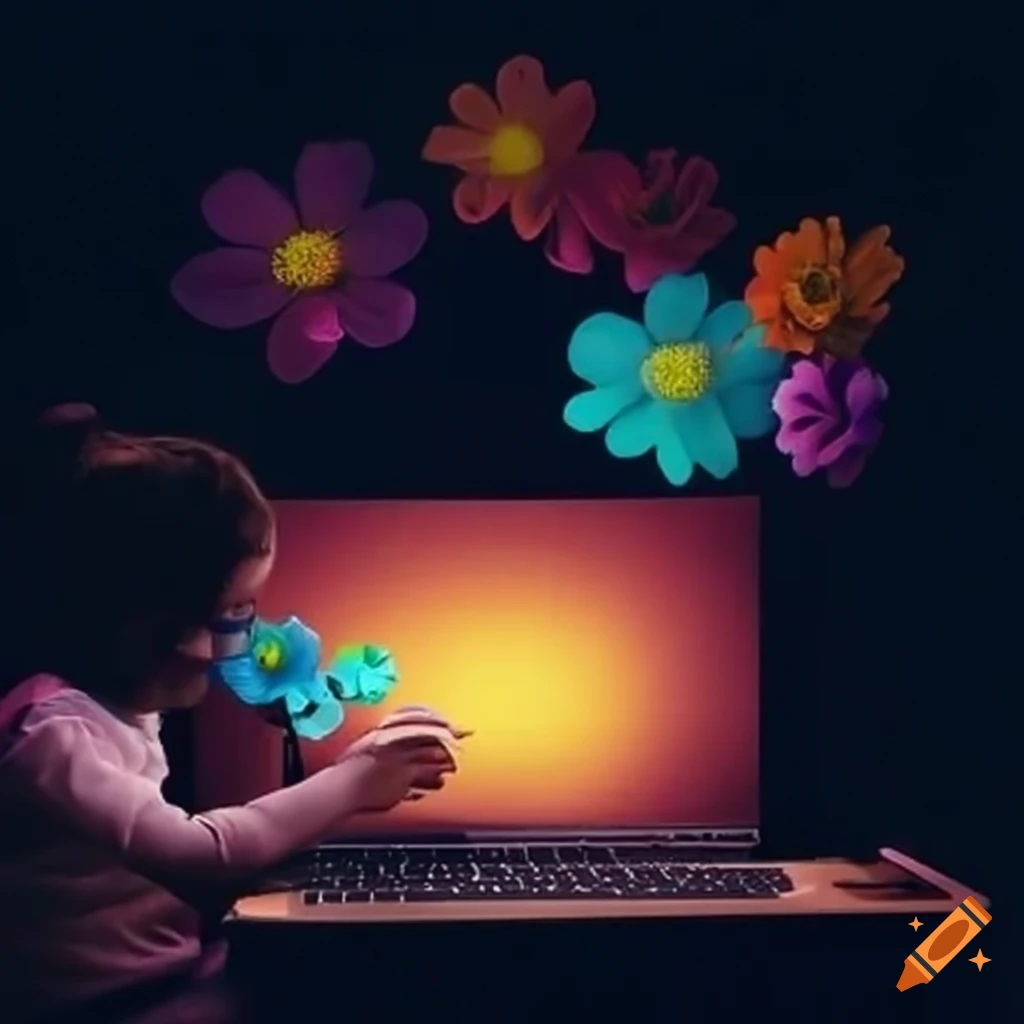 Students working on computers in a classroom with flowers