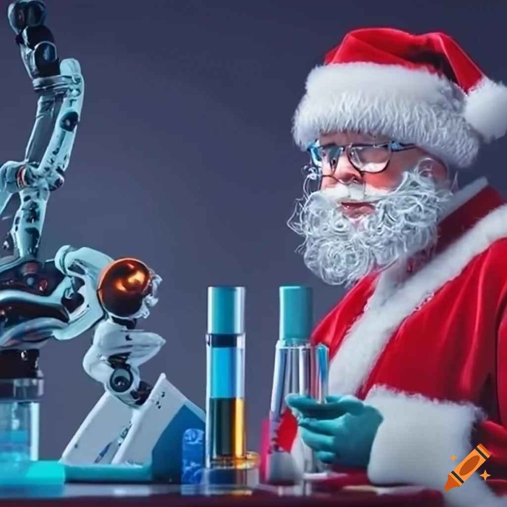 Santa claus in a robotic biotechnology laboratory