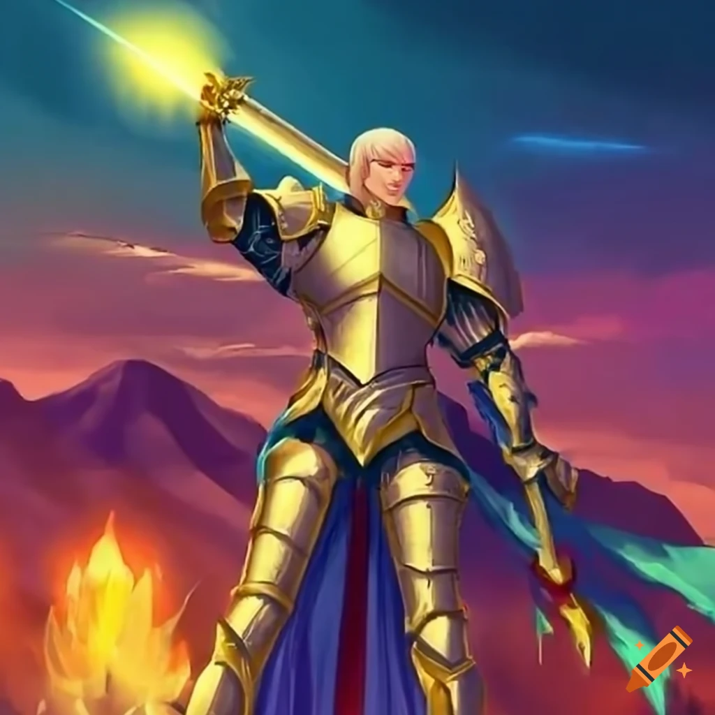 Fantasy artwork of a paladin in golden armor on Craiyon