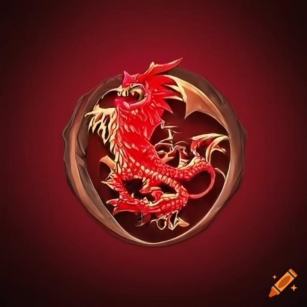 Bold red logo with dragon and clock emblem on Craiyon