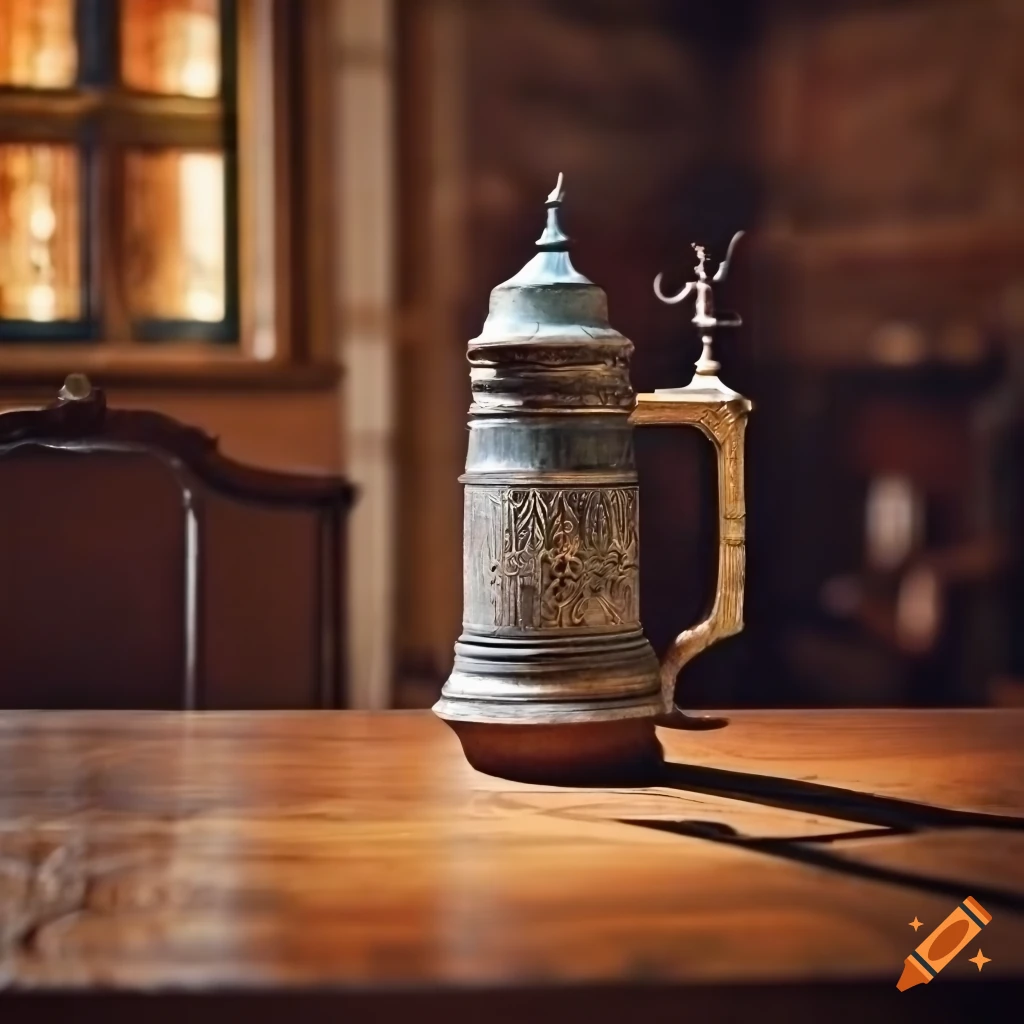 Photograph of a metal stein on a wooden table on Craiyon
