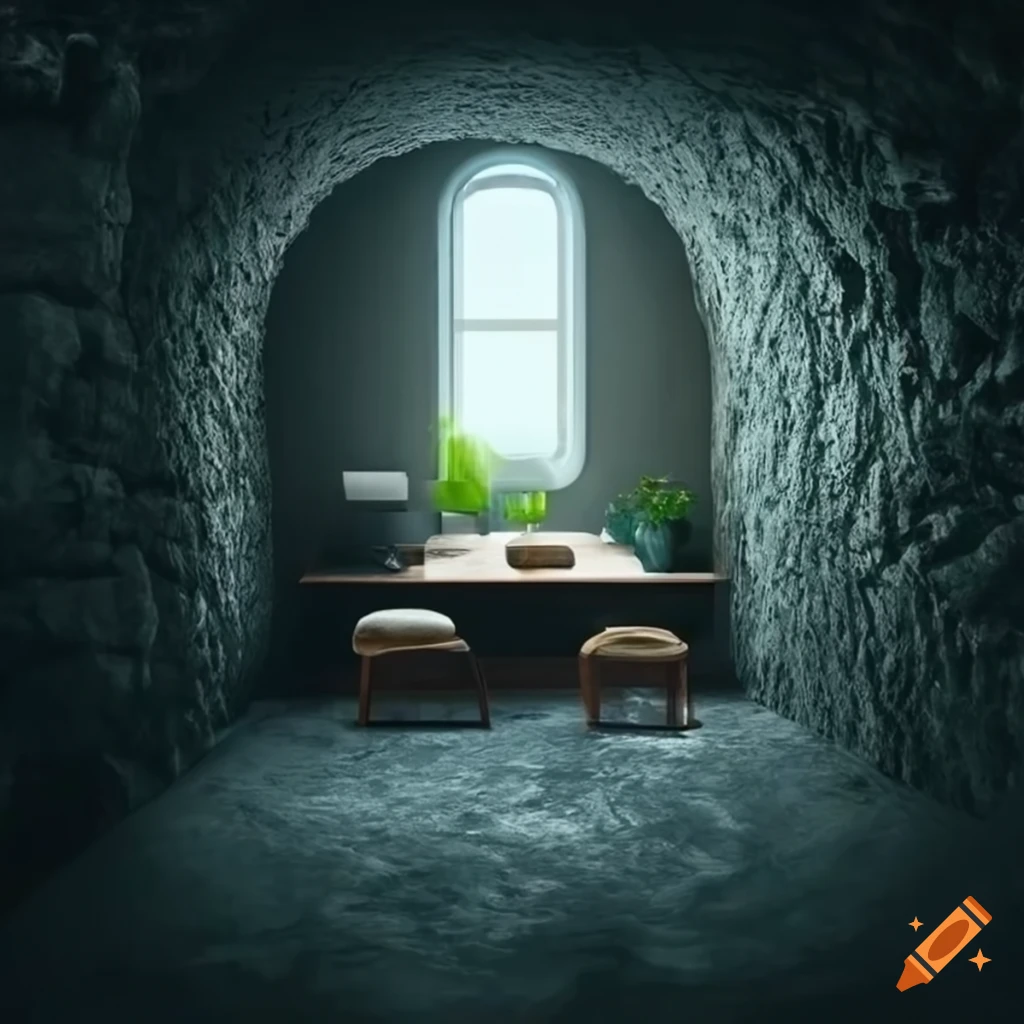 Cozy work office in a stone cave with plants on Craiyon
