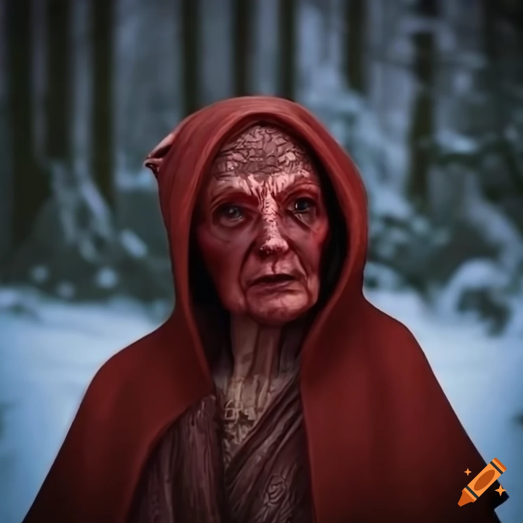 Image of an elderly elf woman in a snowy forest