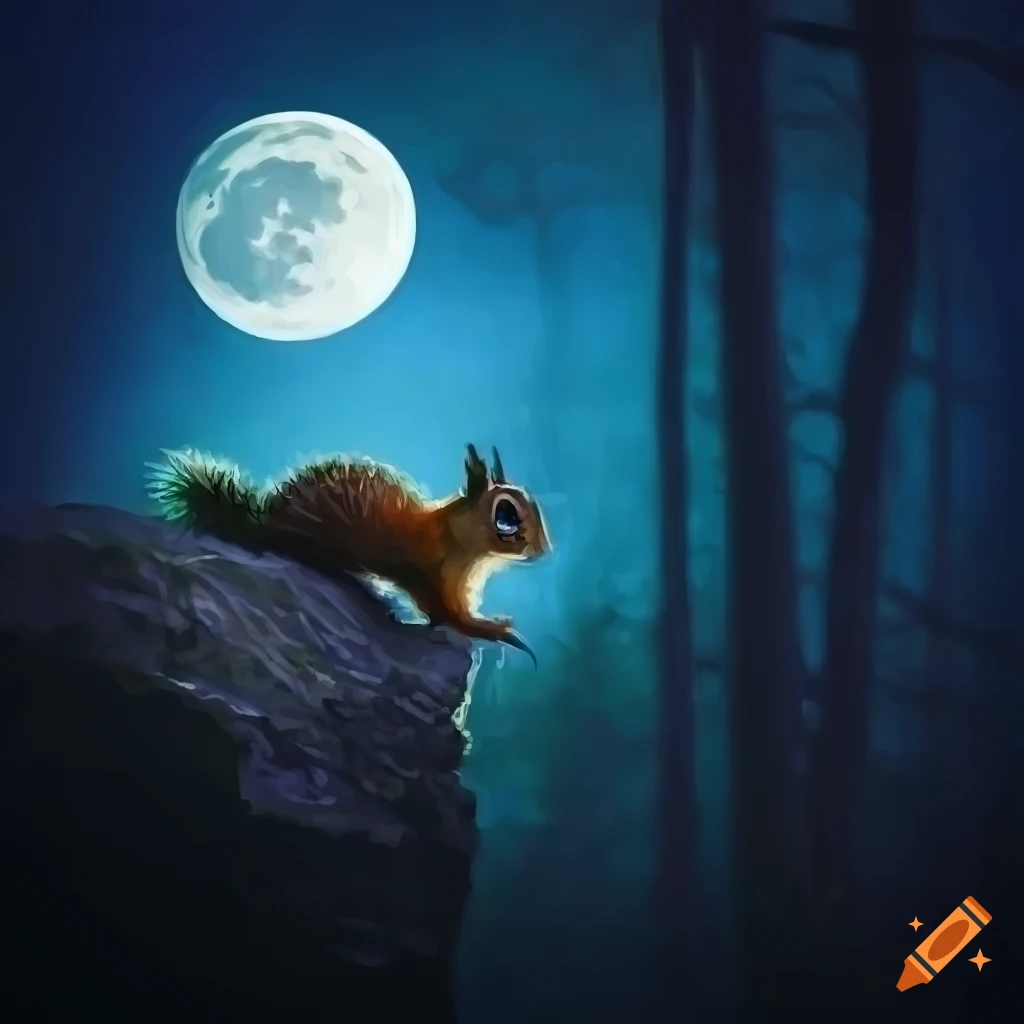 Painting of a squirrel gazing at the full moon in a forest on Craiyon