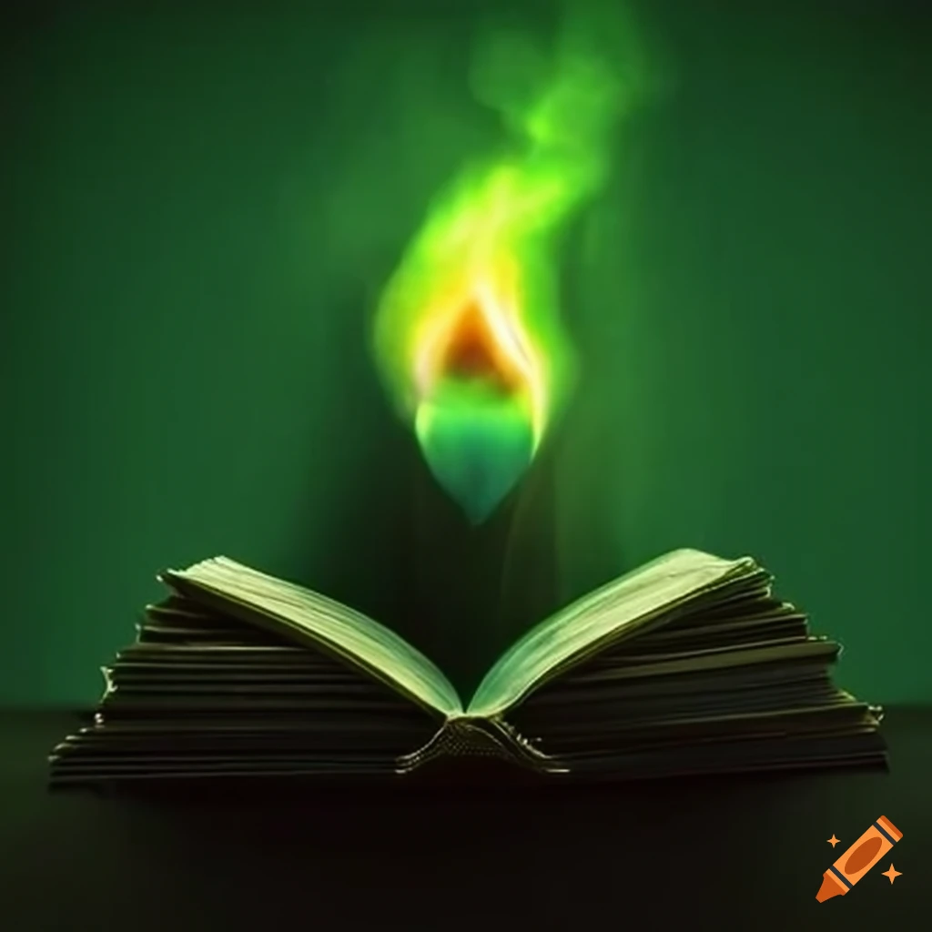 Books with green fire in a dimly lit room on Craiyon