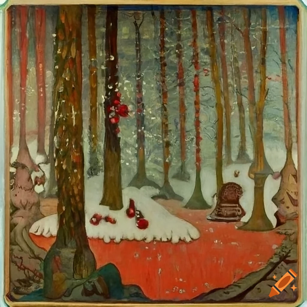 Intricate oil painting of a festive christmas forest scene