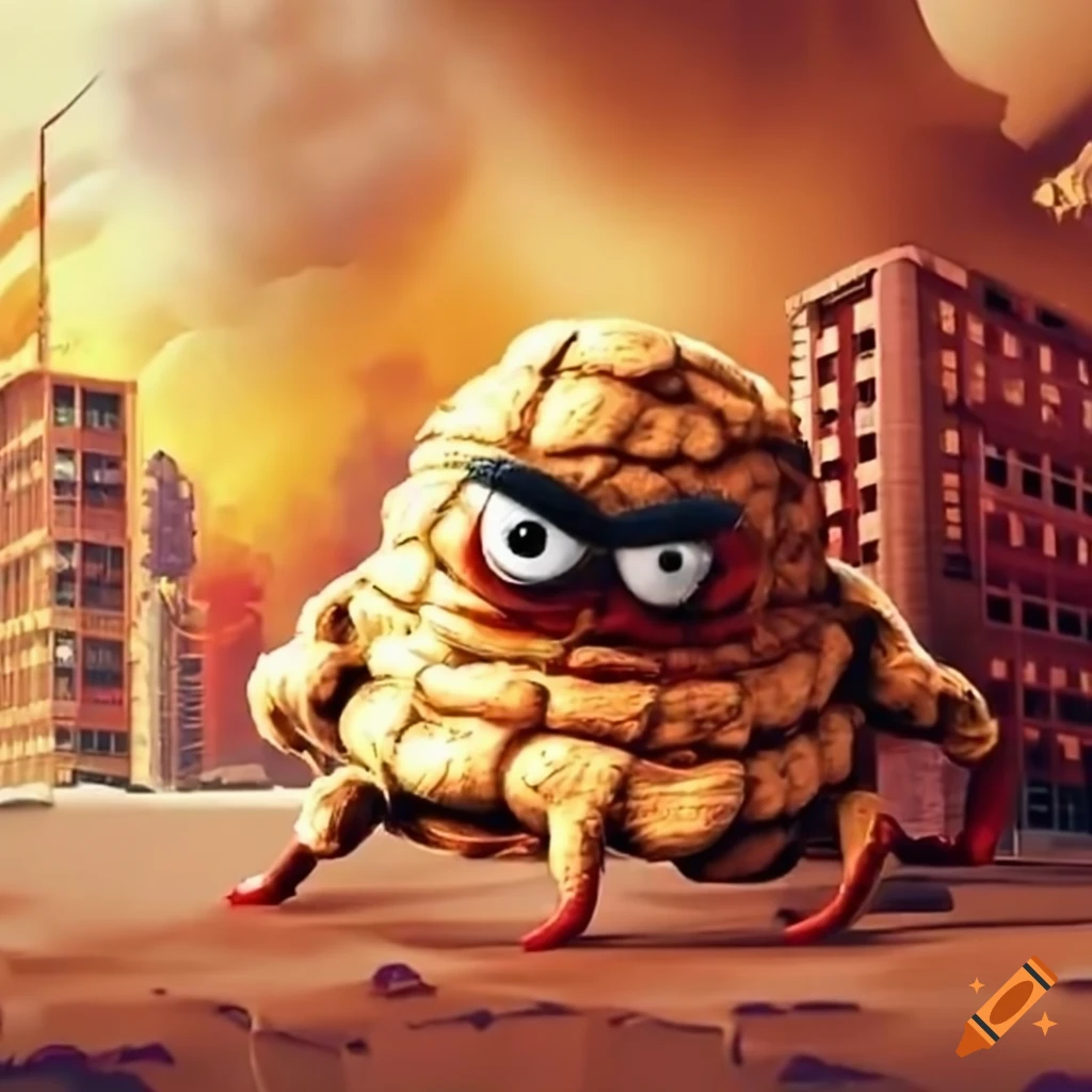 Cartoon of an angry peanut causing destruction on Craiyon