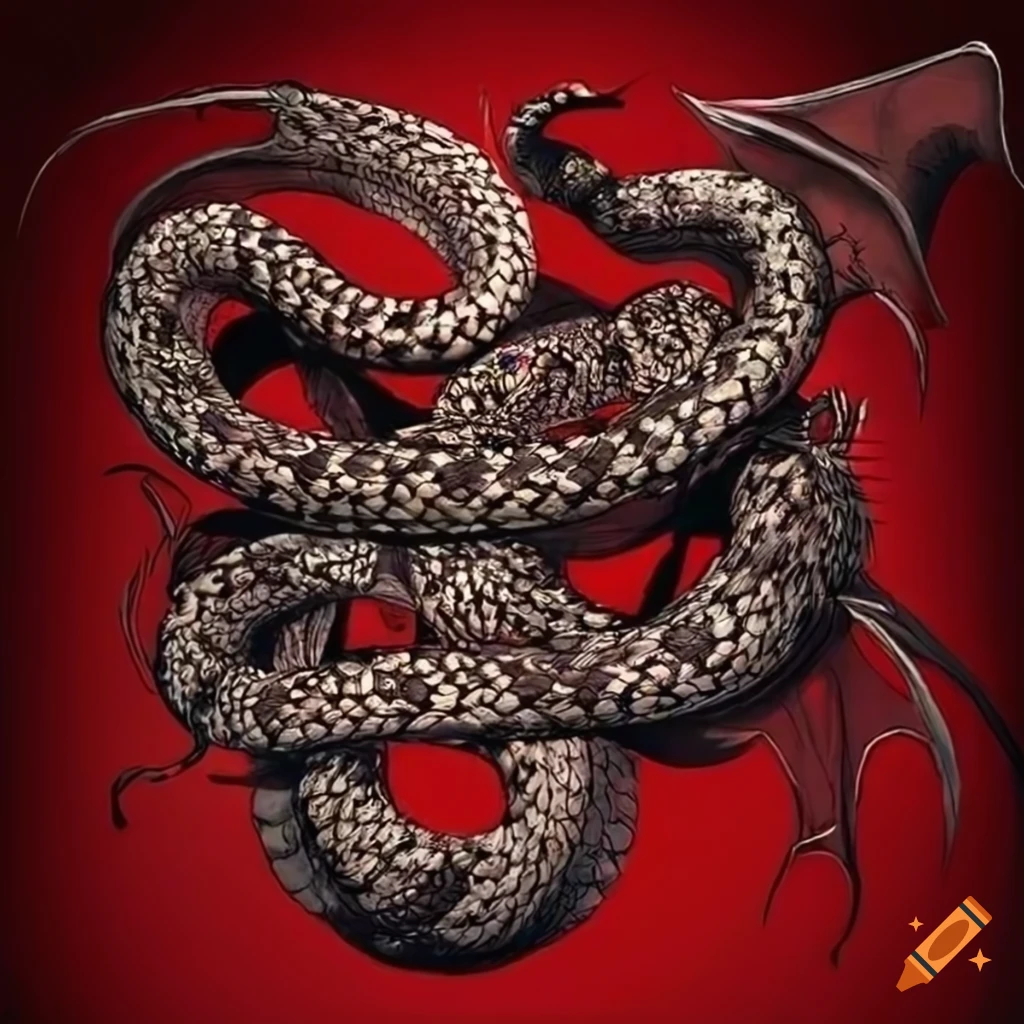 Intricate artwork of a snake and bat wrestling