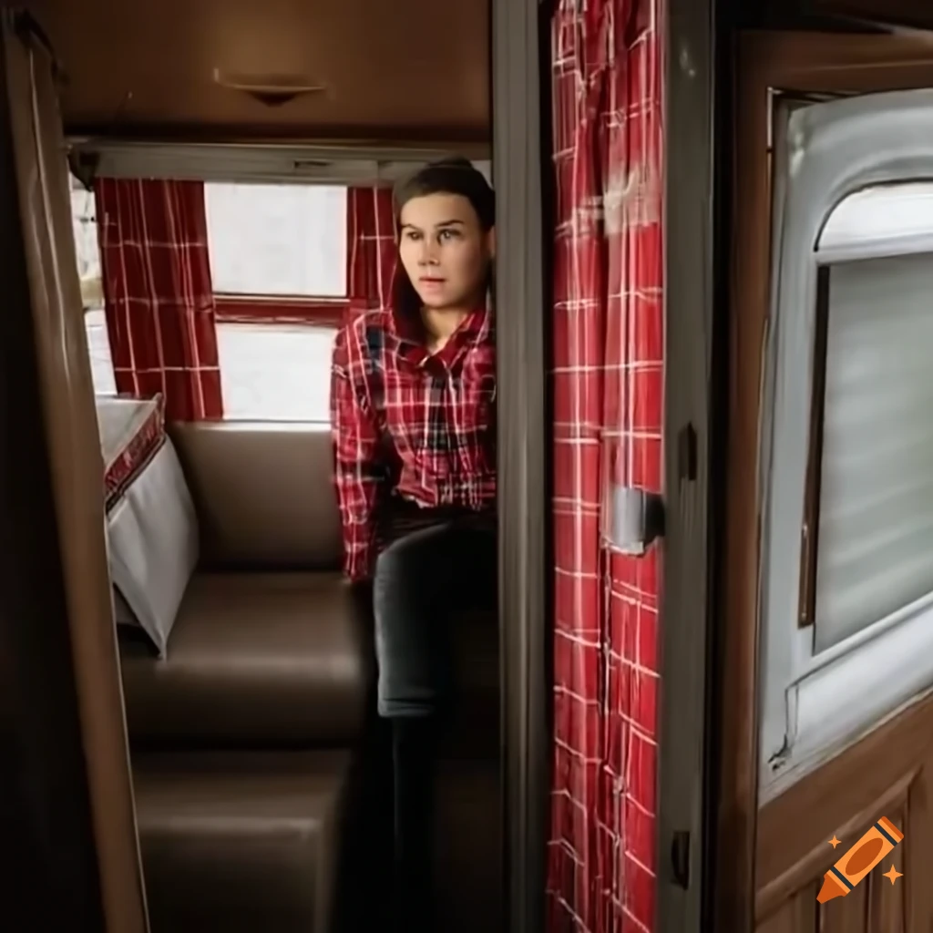 Young woman in red plaid shirt and black leather trousers sitting in a caravan trailer on Craiyon