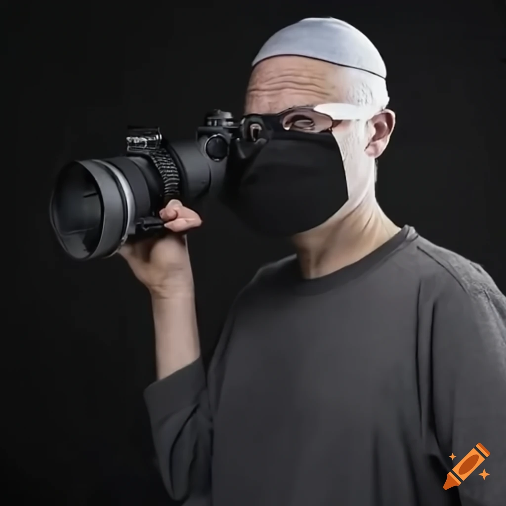 A blind photographer with camera attached to his head on Craiyon