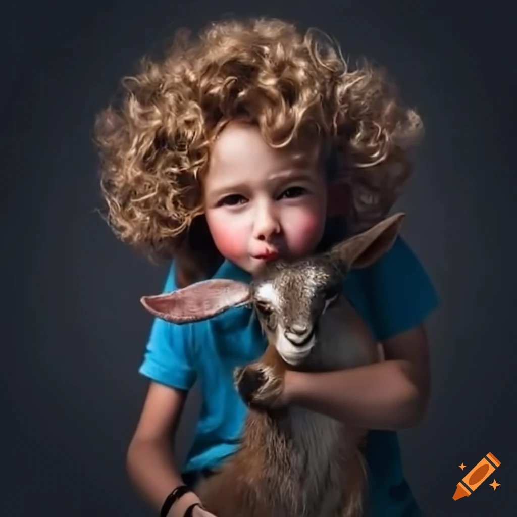 Boy with curly hair riding a goat