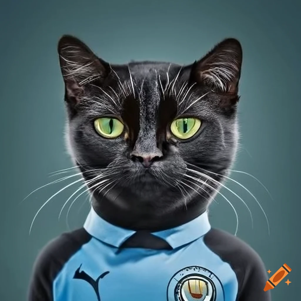 Black cat wearing manchester city fc shirt