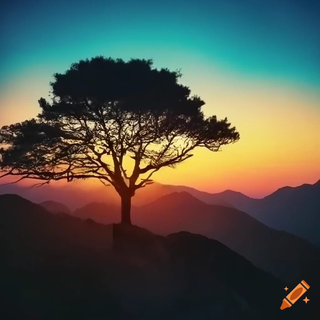 Stunning mountain landscape with a tree at sunrise or sunset
