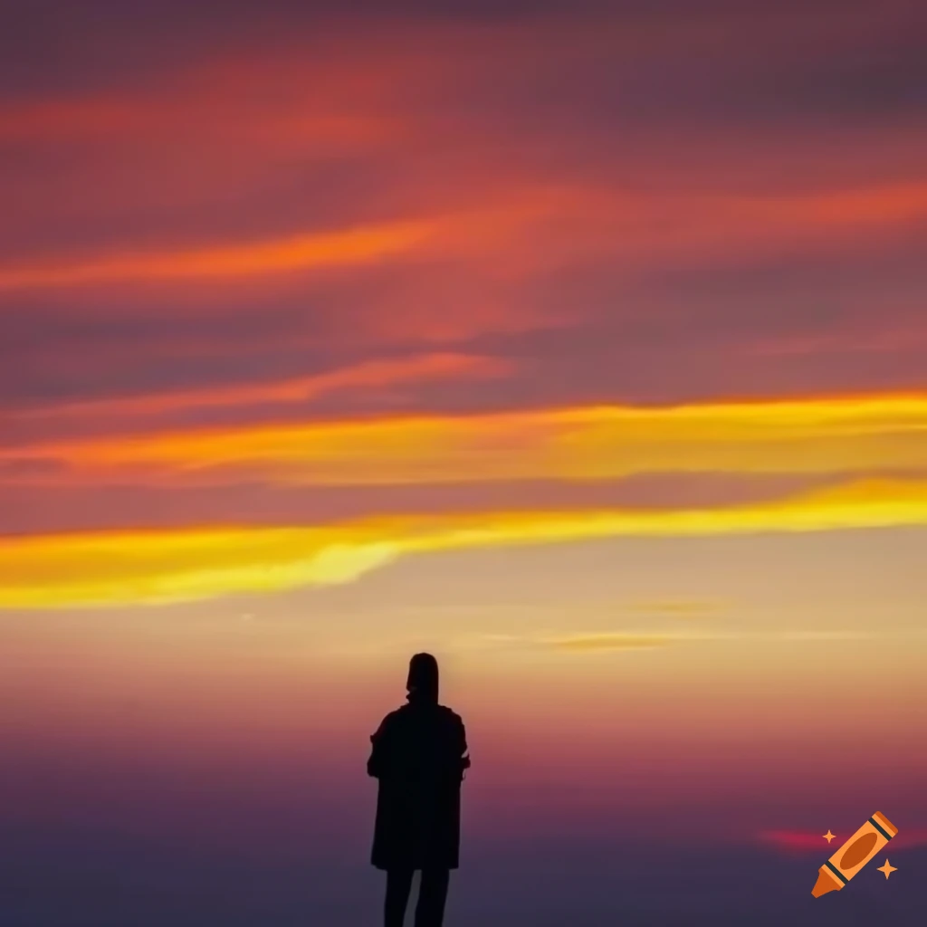 Sunset with dramatic cloud and person silhouetted