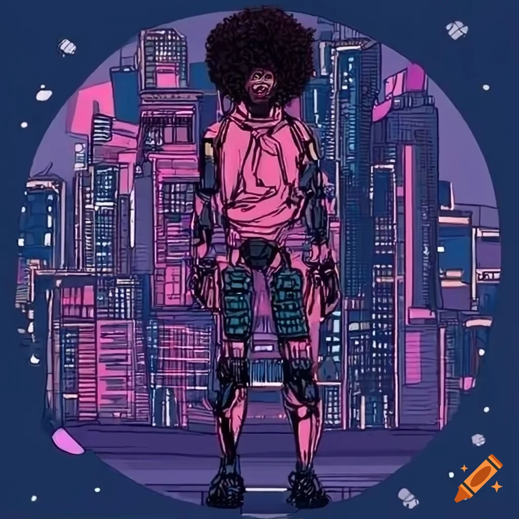 80s scifi anime style of a black cyborg in futuristic city on Craiyon