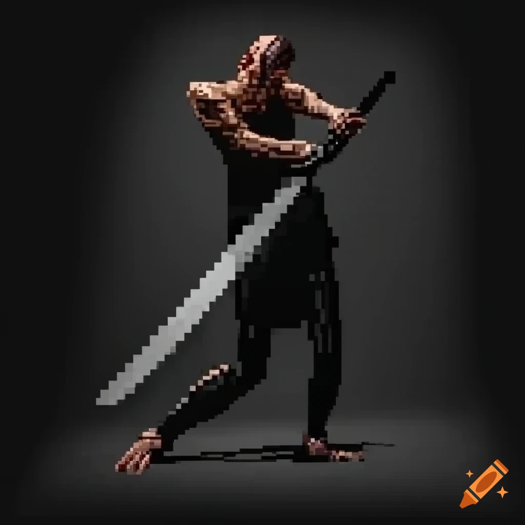 Pixel art of a man attacking with a sword