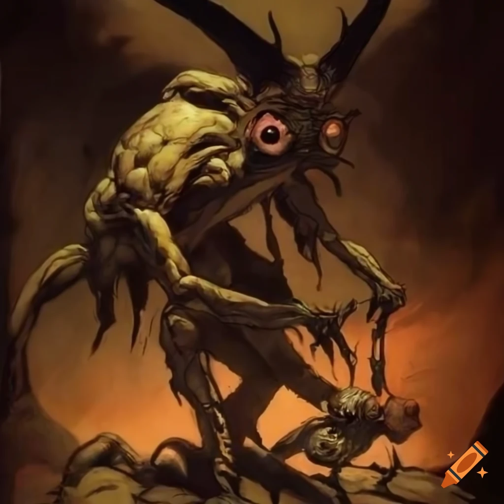 Monster fire bat face long fangs in the style of frank frazetta on Craiyon