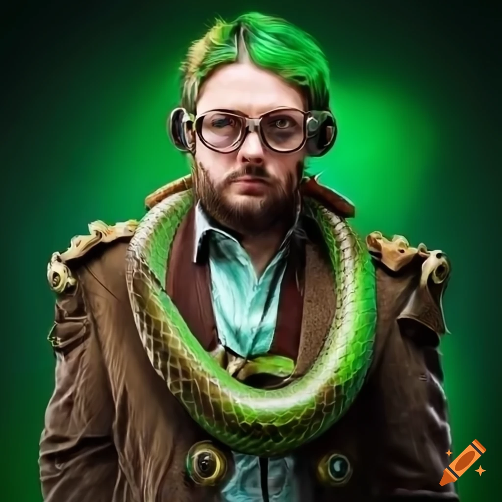 Portrait of a steampunk viper man with glasses and snake on Craiyon