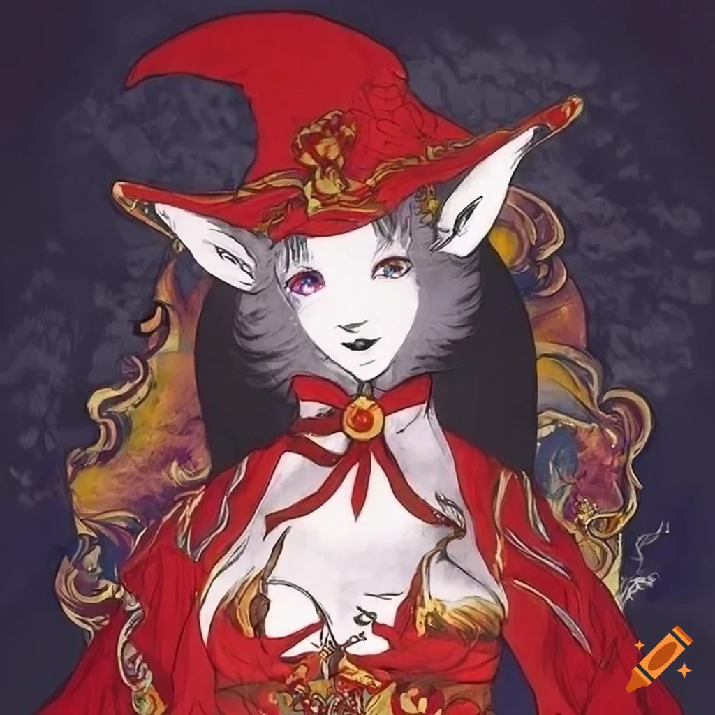 Fan art of a grey wolf in red mage costume on Craiyon