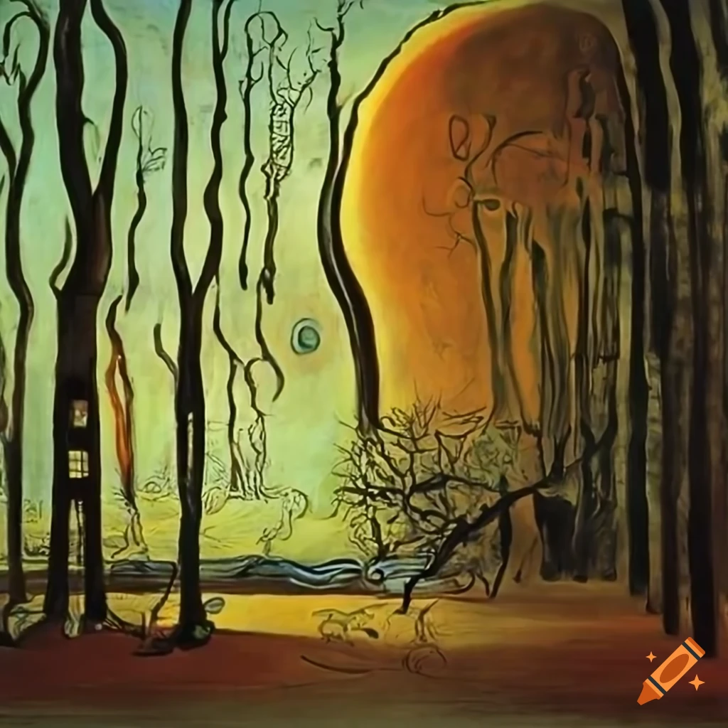 Forest in the style of gustav klimt, salvador dali, neo rauch, and van gogh on Craiyon