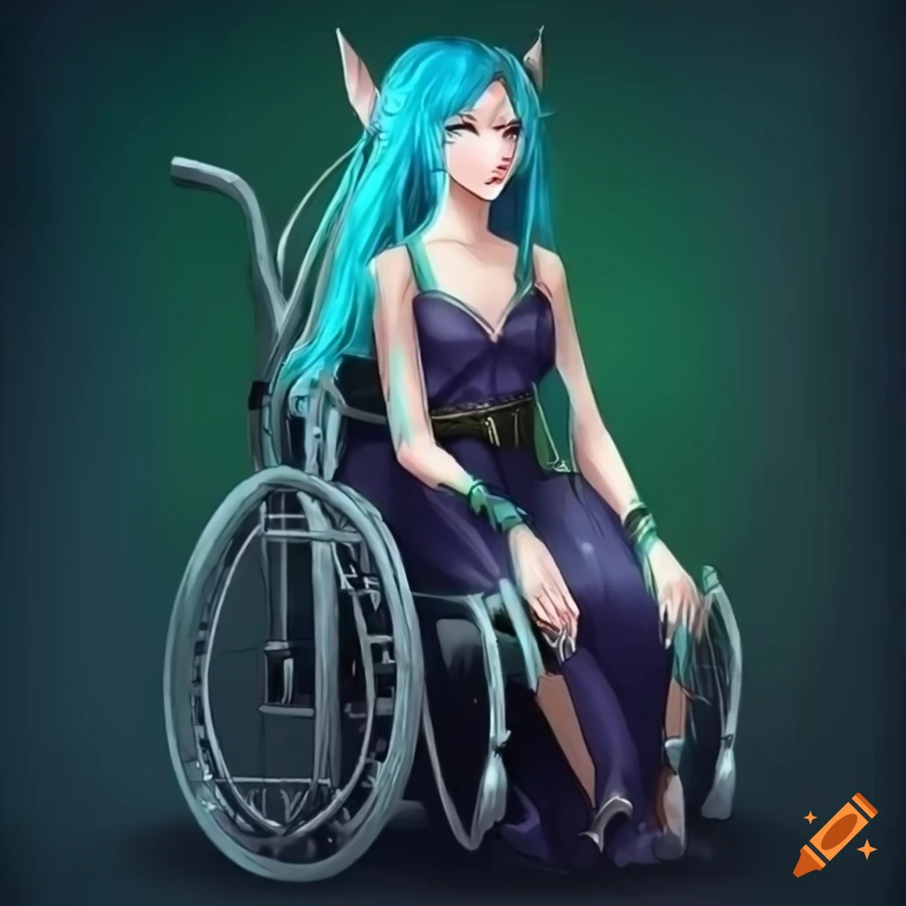 Anime Illustration Of A Blue Haired Elf Girl In A Wheelchair On Craiyon