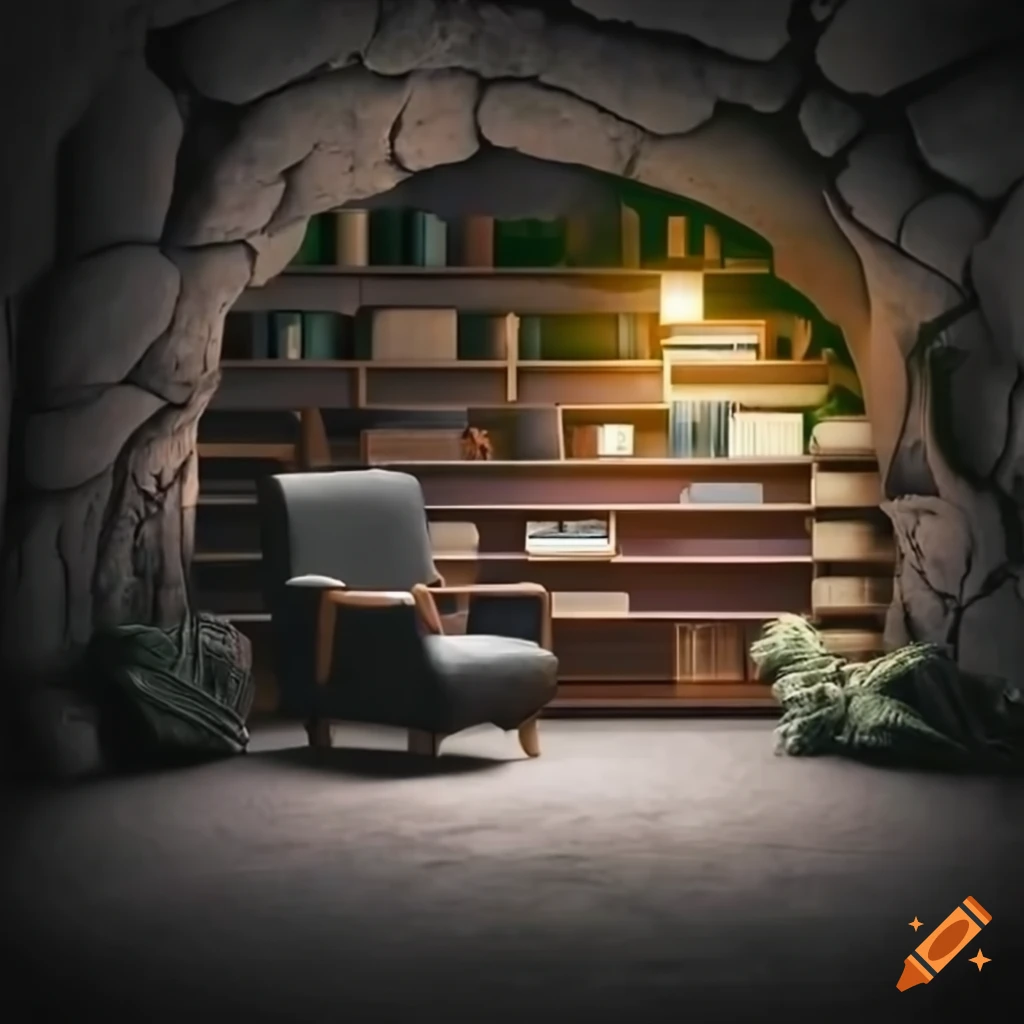Office with desk, armchair, and bookshelf in a stone cave setting on ...