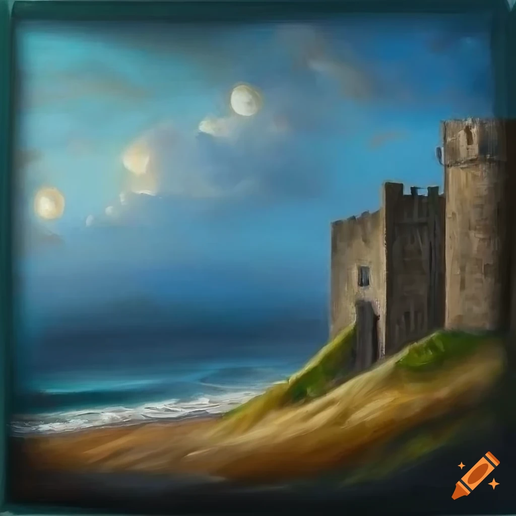 Oil painting of a grey medieval keep by the seaside