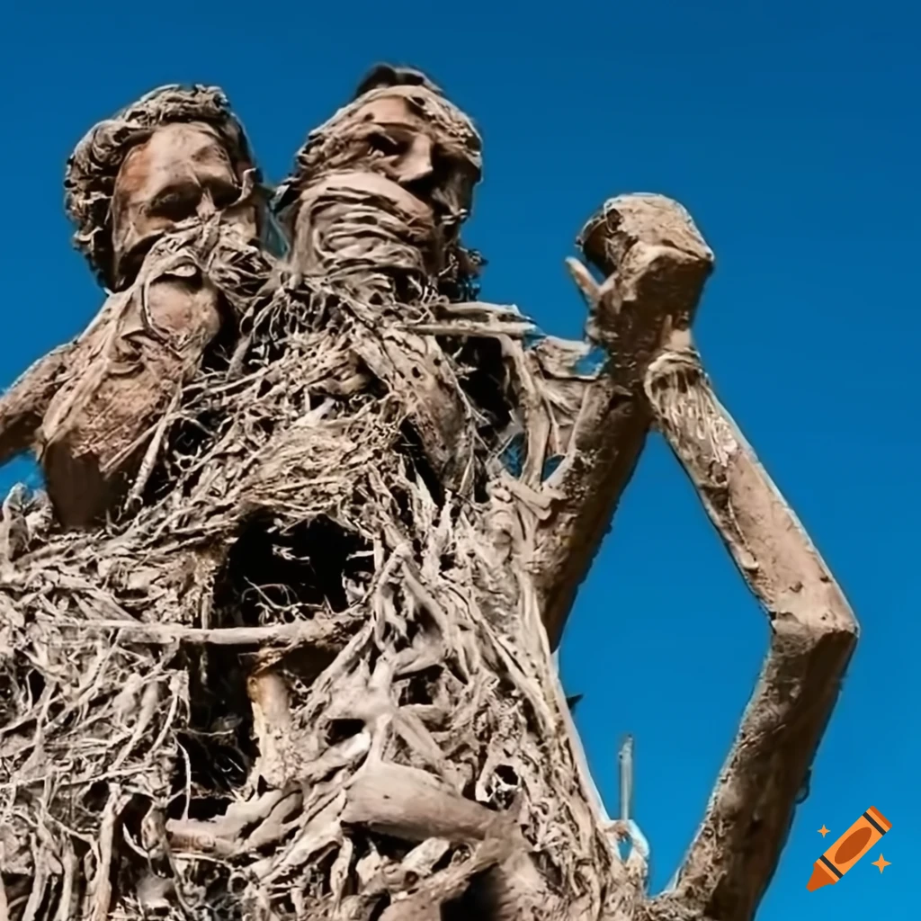 Sculpture of distorted figures caught in a web of branches and junk on ...