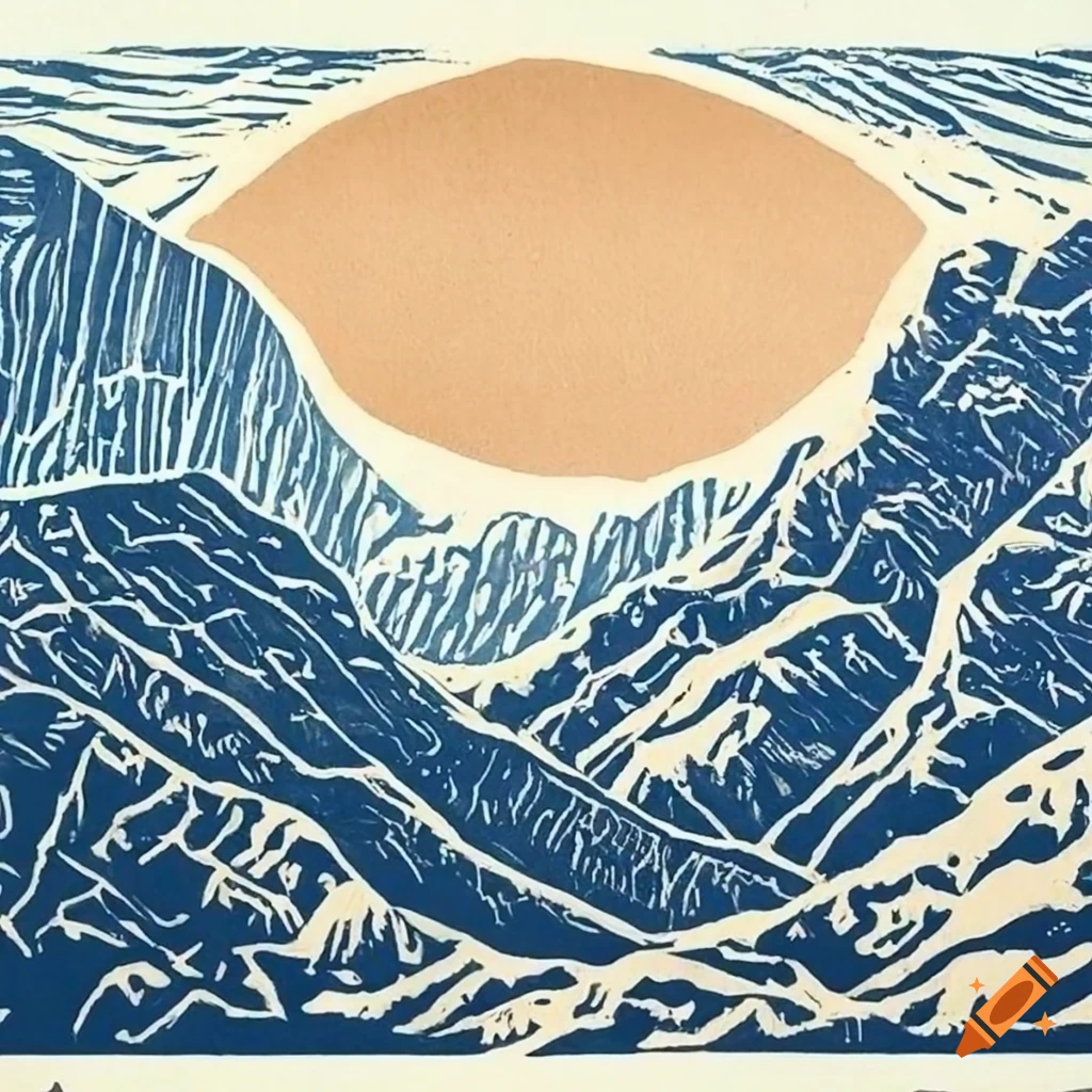 Linocut print of the catalina mountains on Craiyon